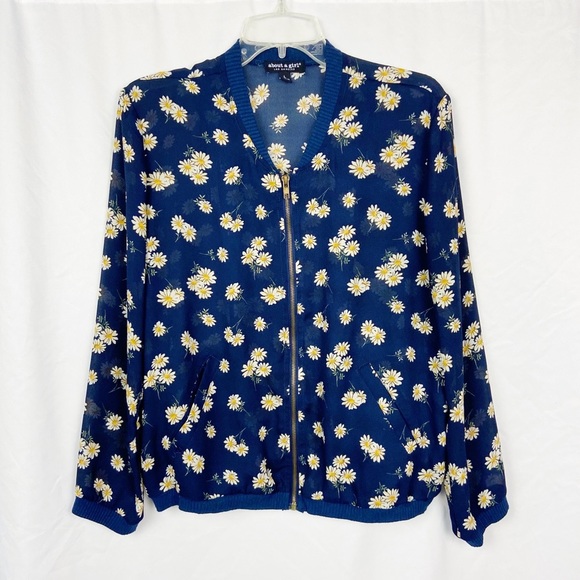 About A Girl | Jackets & Coats | Daisy Print Sheer Navy Blue Zip Up ...
